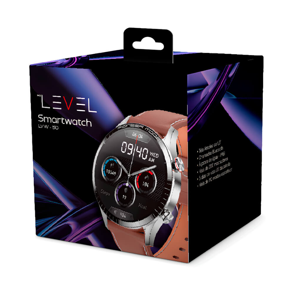 SmartWatch LVW-50CP Prata/Couro Level - Loja Solar